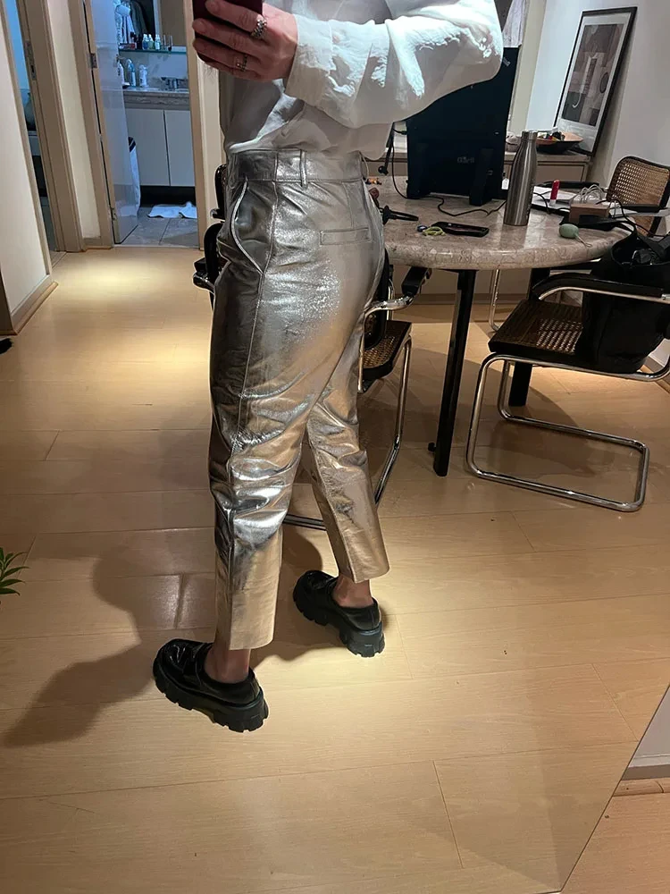 2k Style Genuine Leather Cargo Pants Women High Waist 2024 Korean ...