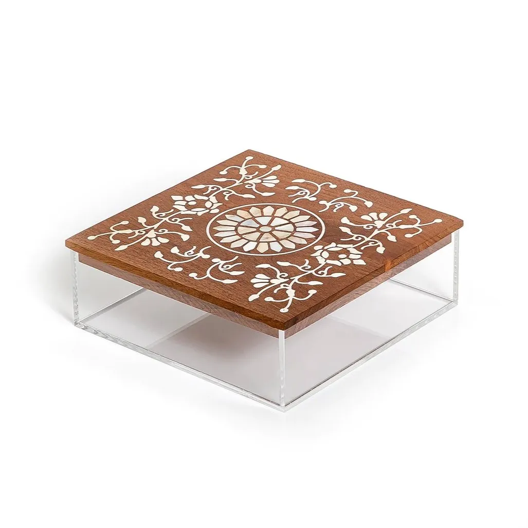Delicate Square Acrylic Box With Floral Mop Inlay Wooden Lid ...