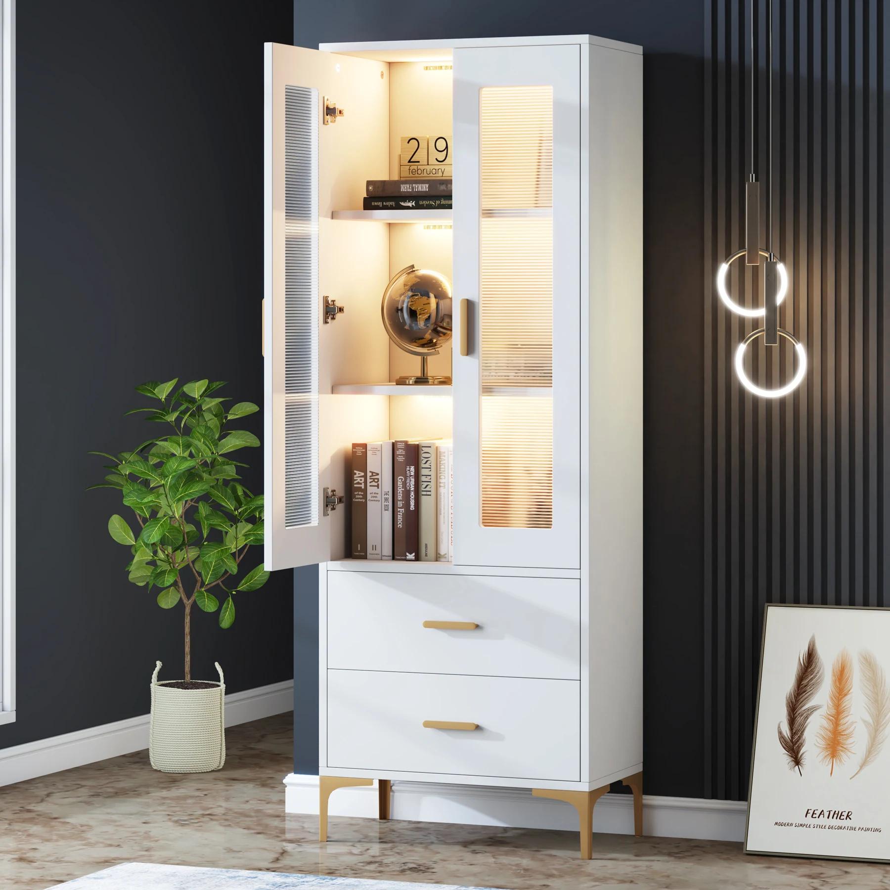 Tribesigns White Bookcase With Doors And Led Light Freestanding ...