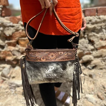 Hand Tooled Hair On Hide Fur Leather Fringe Handbag Stylish Women ...