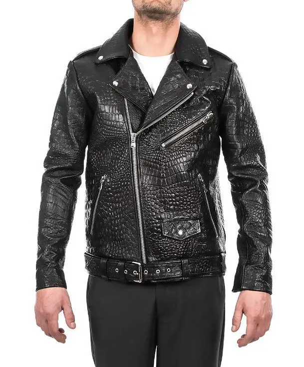 Men Biker Alligators Embossed Motorcycle Crocodile Print Black Leather Jackets High Quality OEM ...