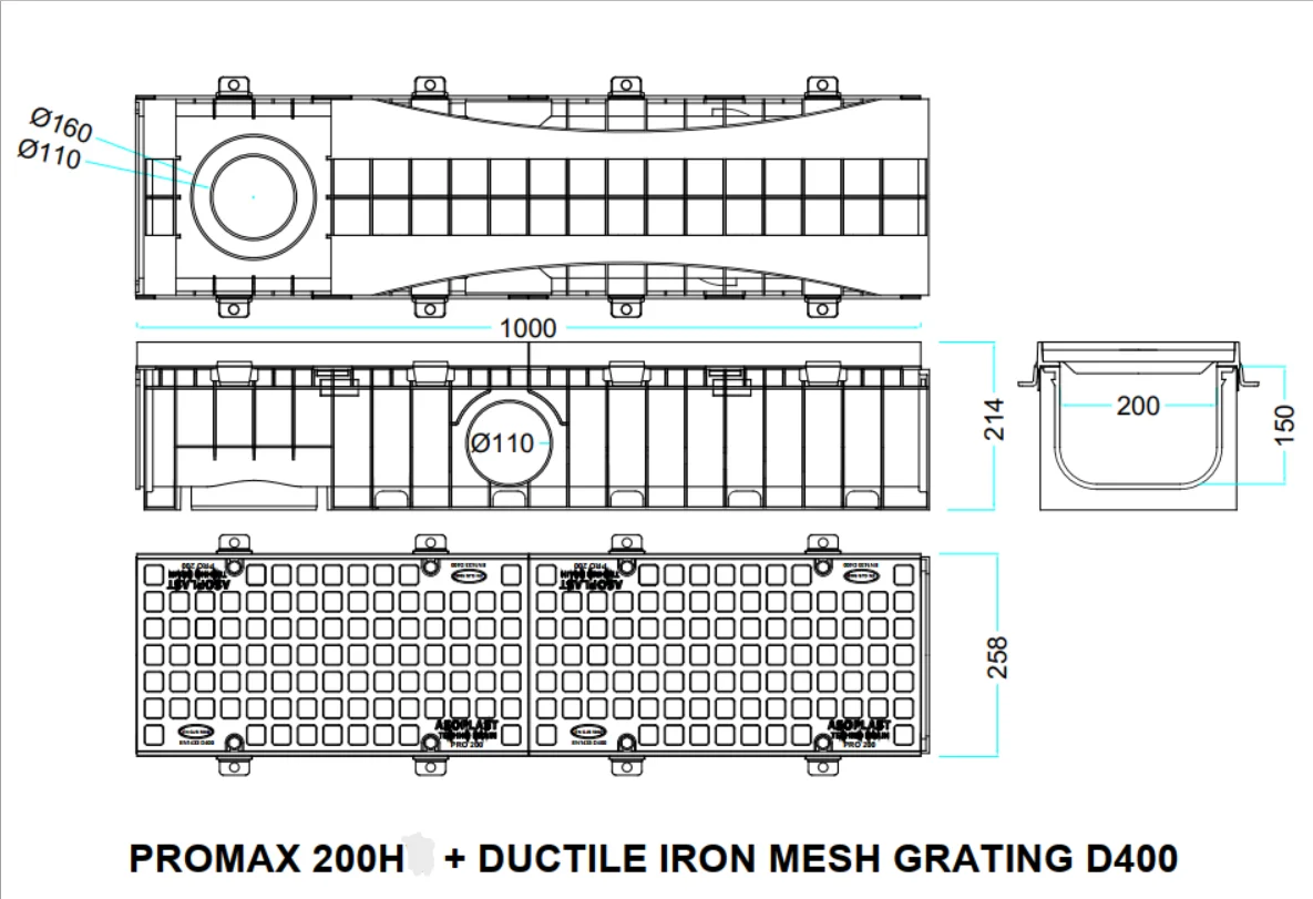PROMAX 200 HDPE Drainage Channel - D400 Mesh & Ductile Iron Grating