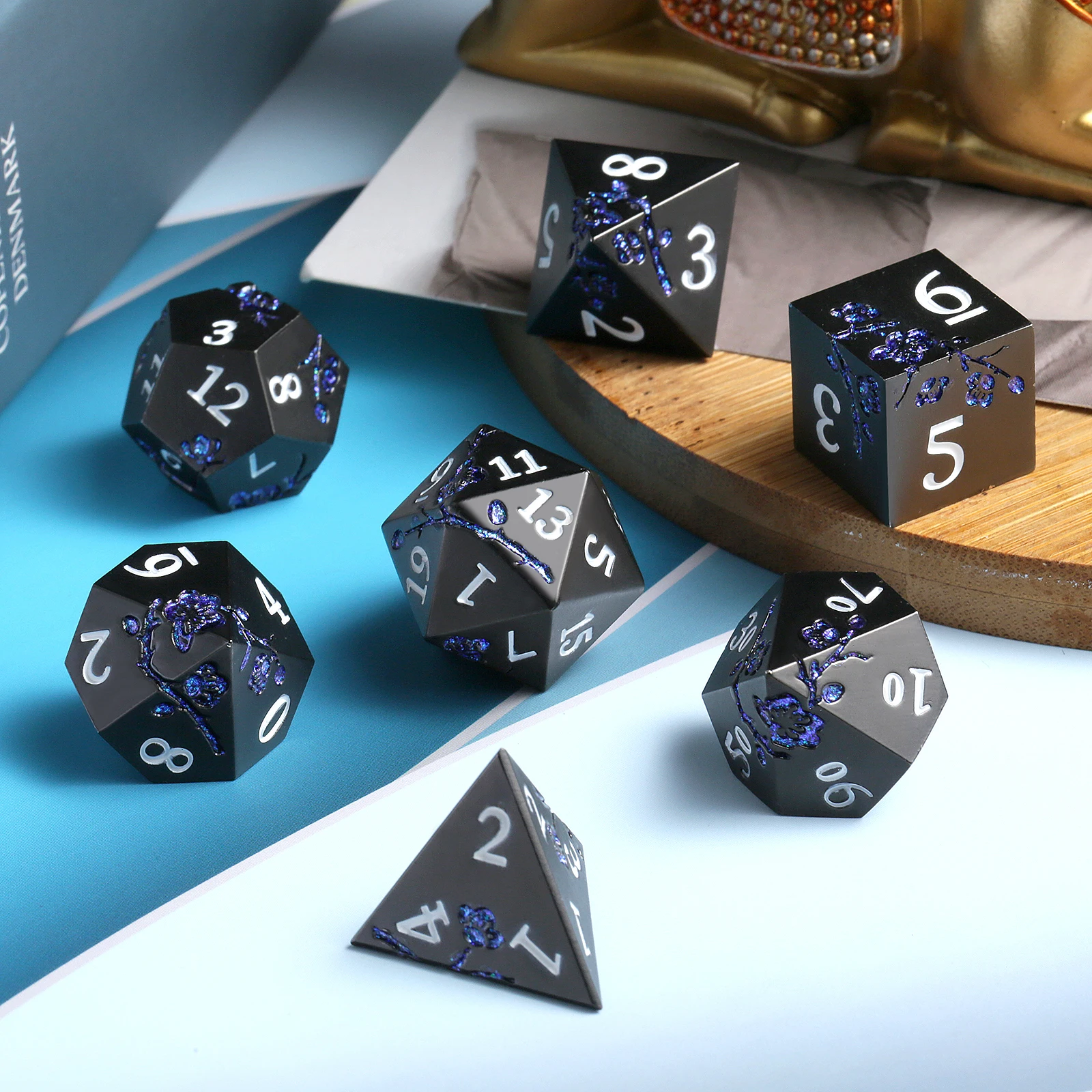 Matt Purple Flower RPG Dice 16mm Square Zinc Alloy 7 PCS D&D Dice Set ...