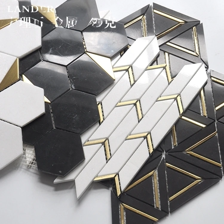 Luxury Water-jet Stone Metal Inlay Mosaic Stainless Steel Natural ...