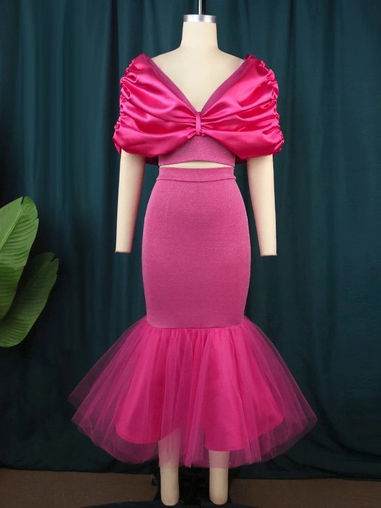 Ontinva Skirt Sexy Pleated Mermaid Midi Party Mesh Women's 2 Pieces Set ...