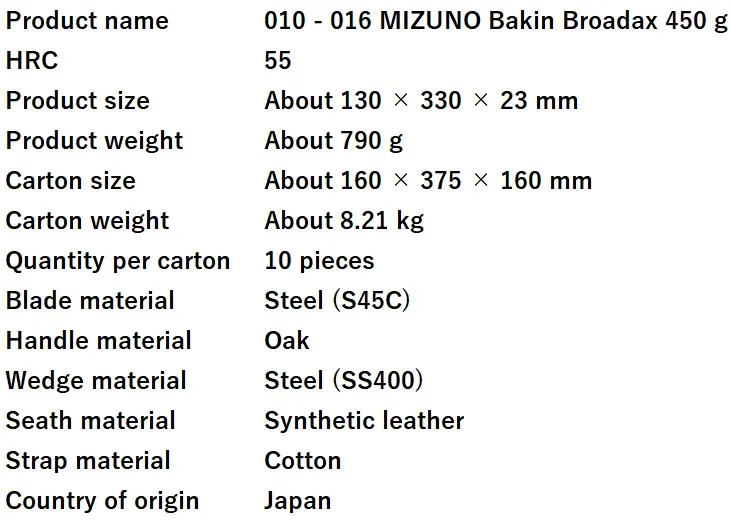 Sharp Japanese Broadax - MIZUNO Bakin 450 G for Camping