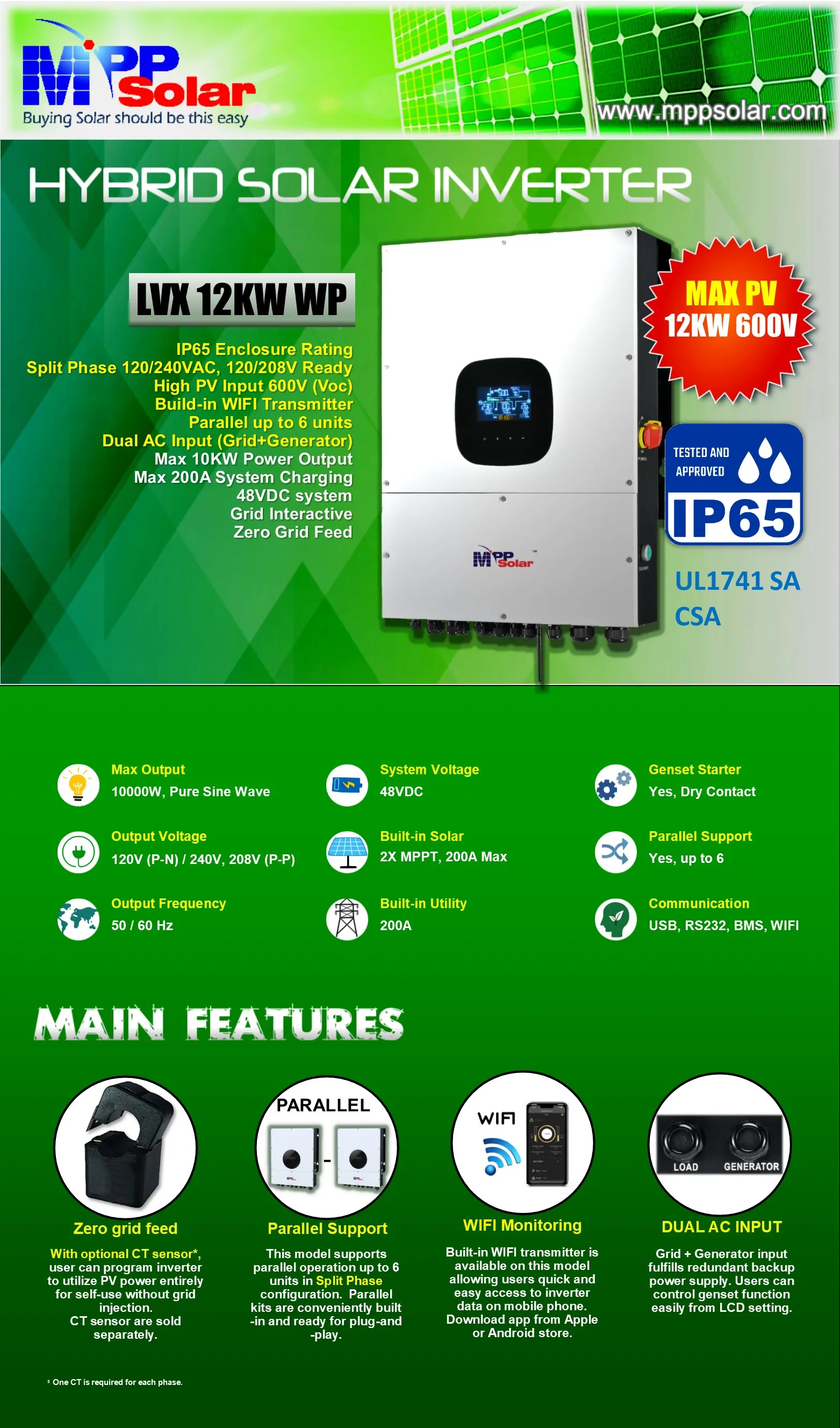 10kw 48v Split Phase Lvx12kw Wp Mpp Solar Hybrid Inverter Pv Max Input ...