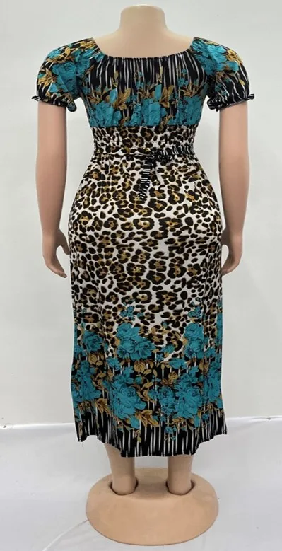 Floral Leopard Prints Dress Vacation A-line Silhouette Short Sleeve ...