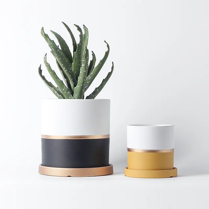 Nordic Flowerpot Ceramic Planters Round Modern Personality Gold Inlay ...