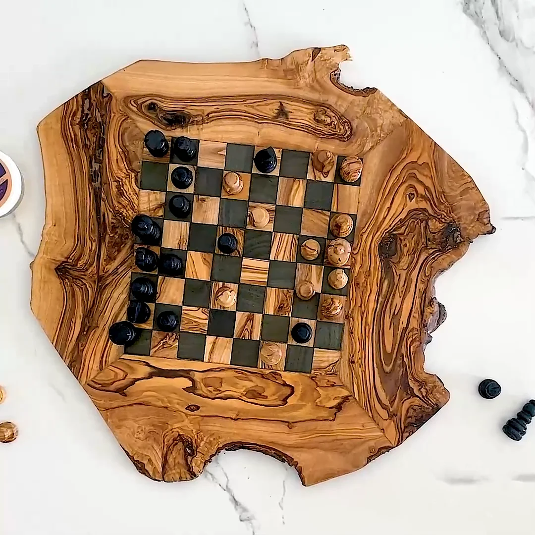 Handmade Luxury Wooden Chess Set With Olive Wood Pieces And Rough Edges ...