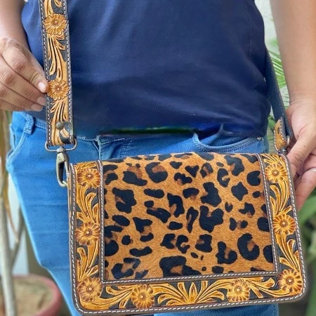Leopard Print Leather Sling Bag Hand Tooled Handbag Women Leather Purse ...