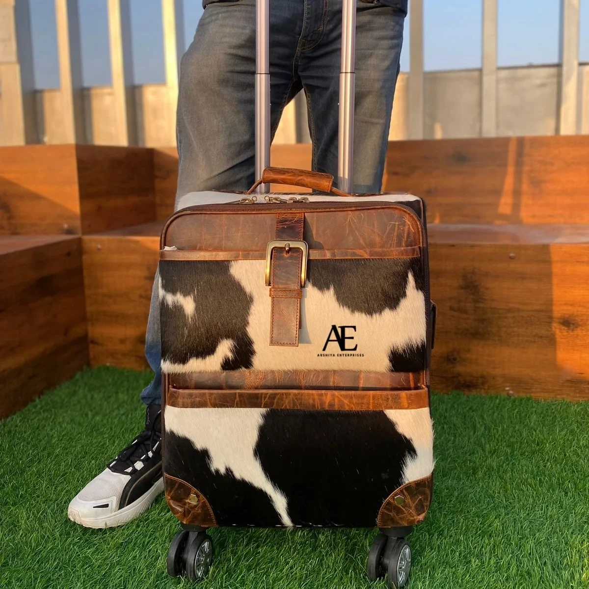 Real Handmade High Quality Cowhide Fur Leather Luggage Trolley Bag ...