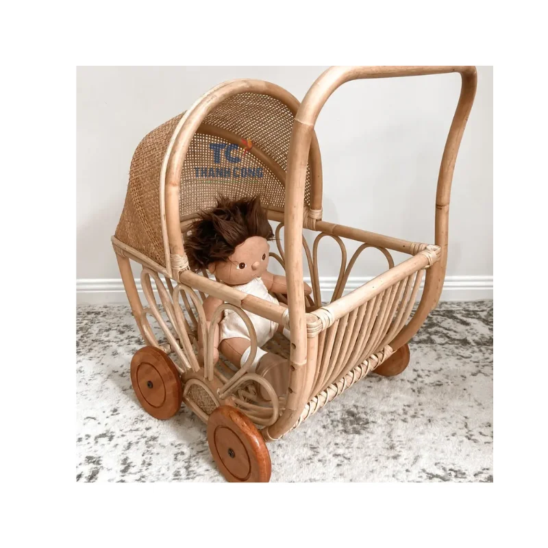 Rattan Dolls Pram with Wooden Wheels - Perfect for Strollers