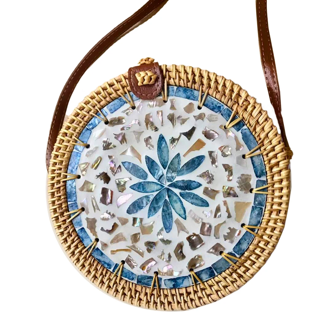 Round Rattan Bag With Mother Of Pearl Pattern / Rattan Handbags ...