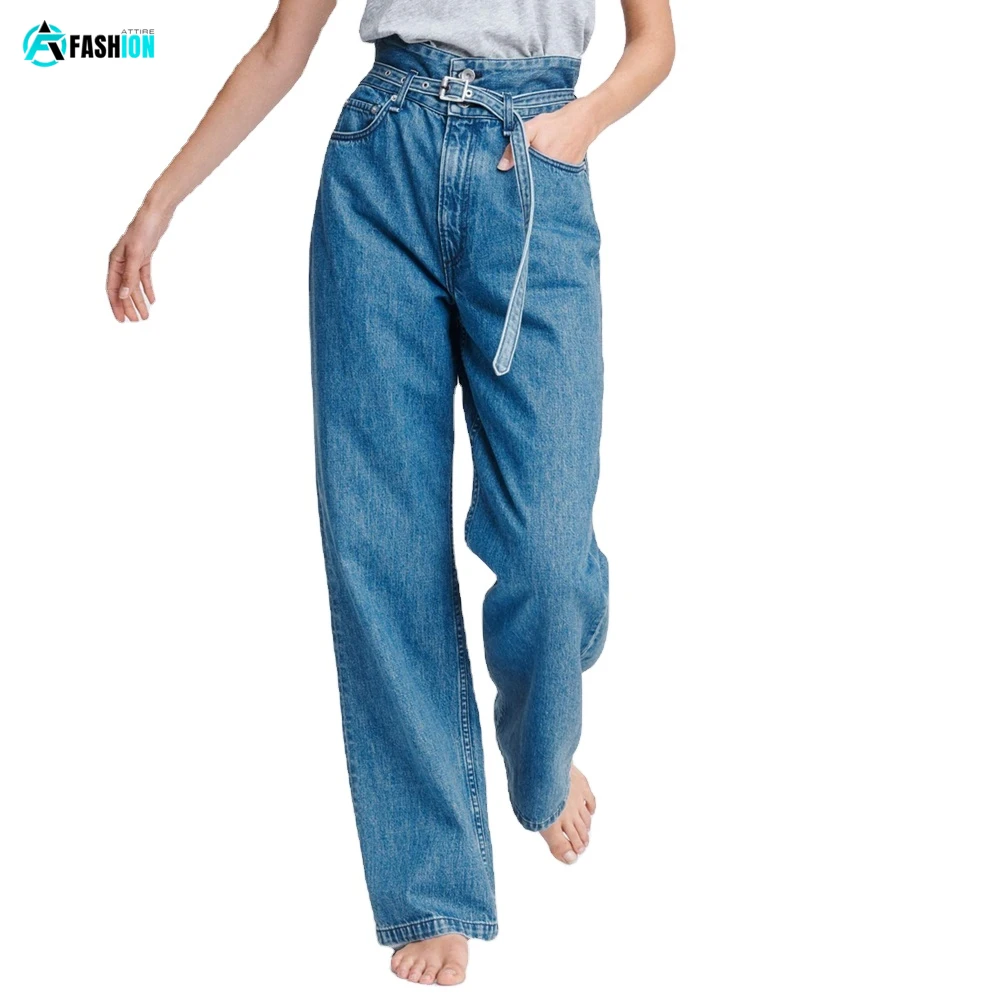 100% Denim Material Design 2024 Blue High Waist Oem Full Length Jeans ...