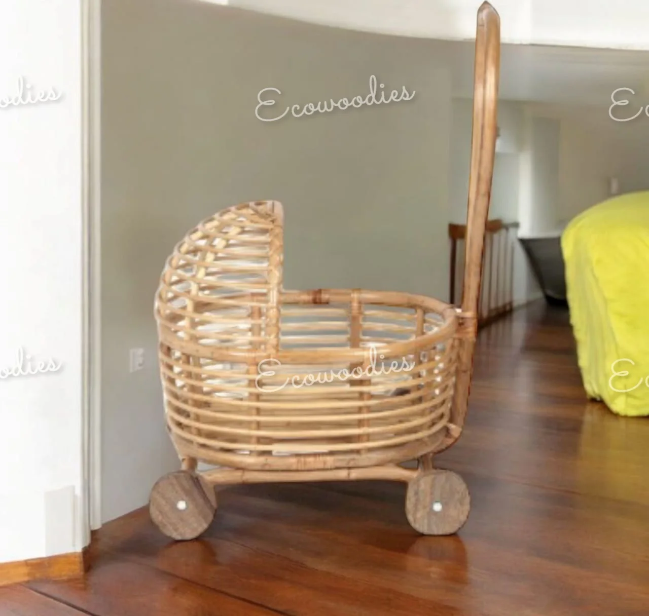 Natural Wicker Doll Pram - Eco-Friendly Toy Stroller