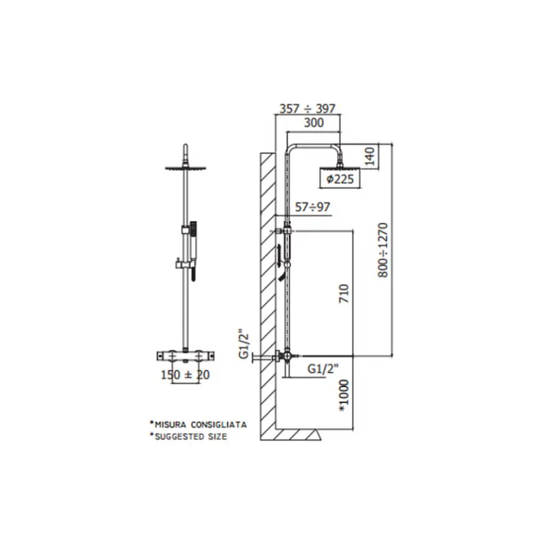 Made In Italy Chromed Brass Adjustable Shower Column With Diverter 22.5 ...