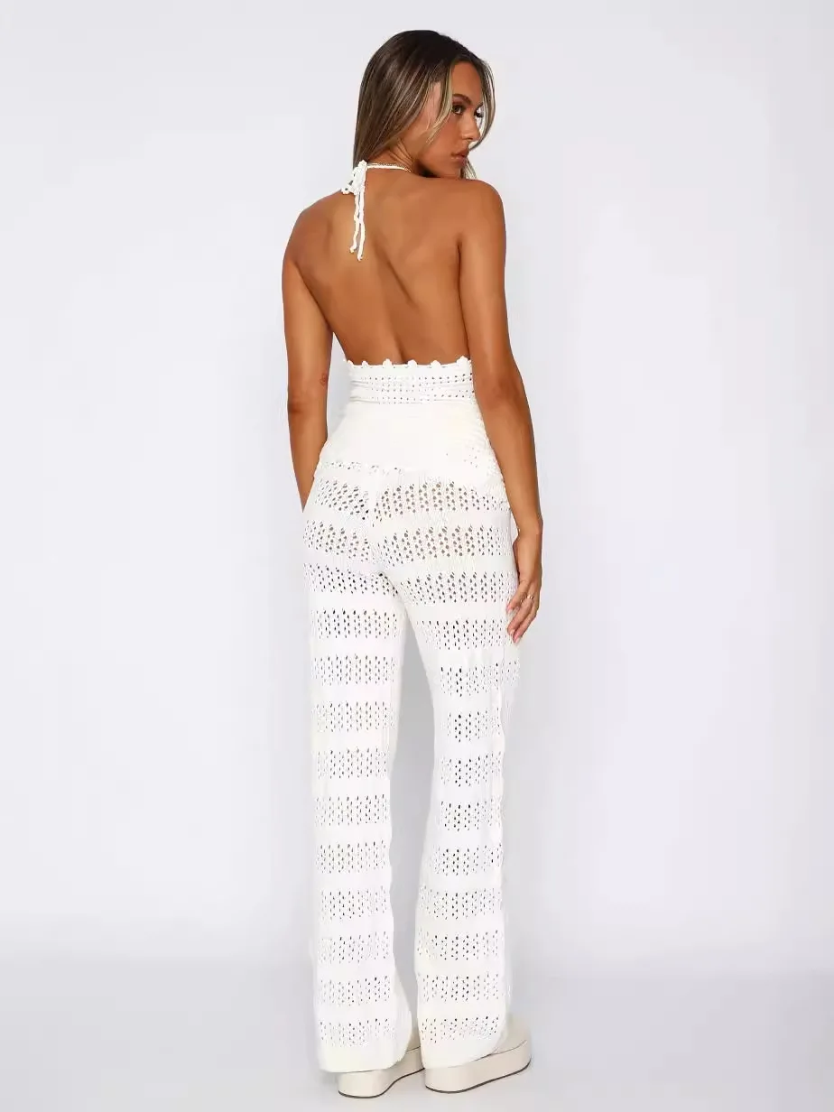 Summer New Beach Sexy V Neck Backless Halter Top Trousers Hollow Hook ...