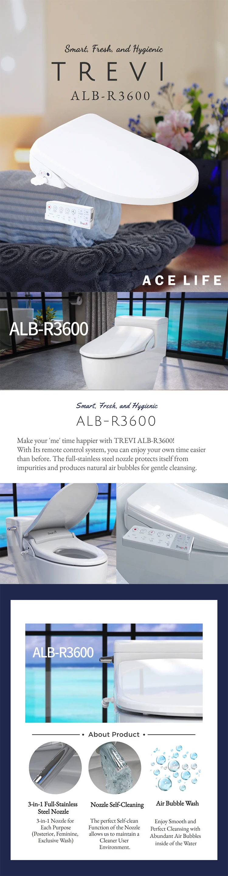 TREVI ALB-R3600 Bidet Seat Slim Design with Ergonomic Remote Control ...