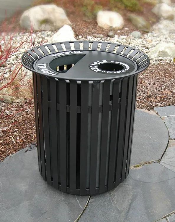 Round Slatted Steel Big Public Garbage Can Container Outdoor Street ...