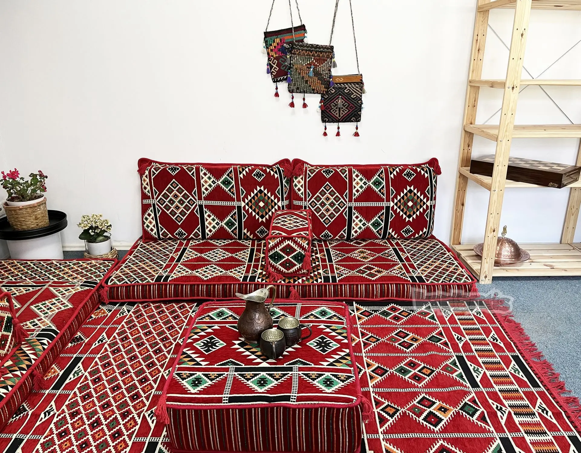 Elegant Arabic Floor Seating Nomad Rug Set - Red Oriental Cushion Cover ...
