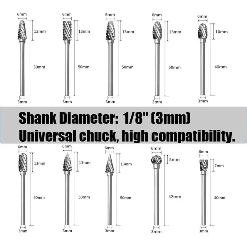 10-Piece Double Cut Tungsten Carbide Solid Carbide Rotary File Set with ...