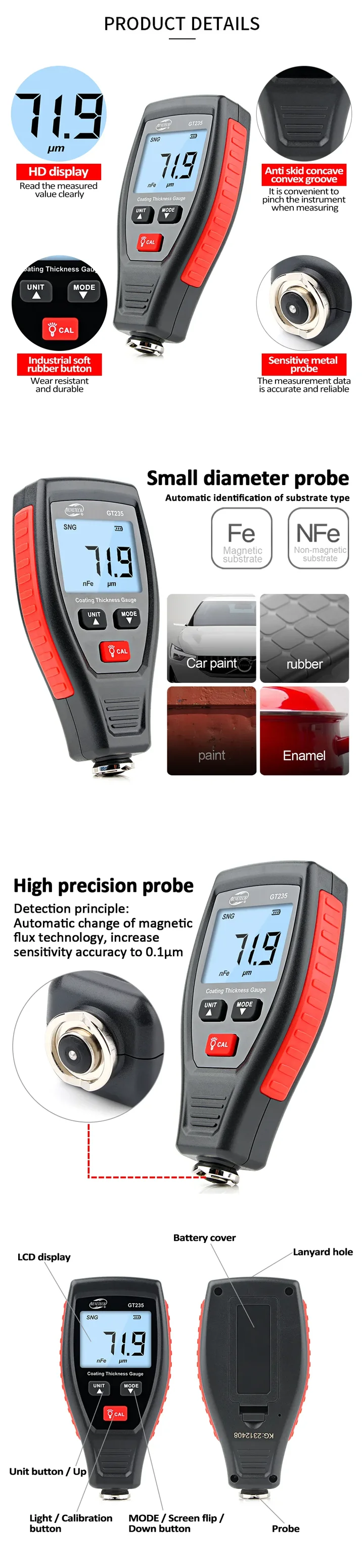 Benetech GT235 Portable Colored Digital Coating Thickness Gauge