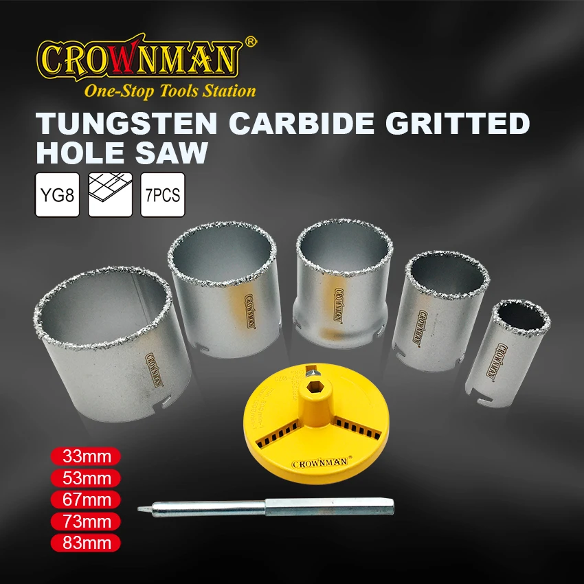 CROWNMAN 7pcs 33-83mm Yg8 Tungsten Carbide Grit Tipped Hole Saw Set ...