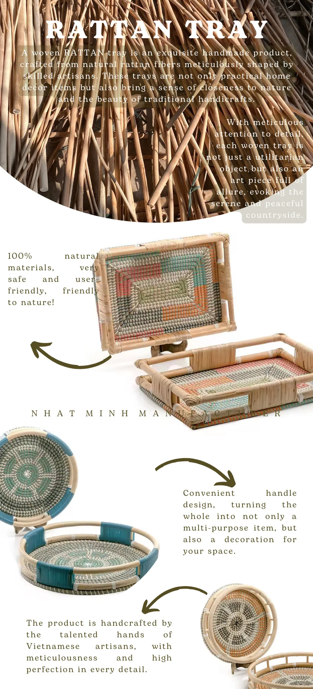 Round Natural Rattan Tray With Handles,Unique Patterns For Storage ...