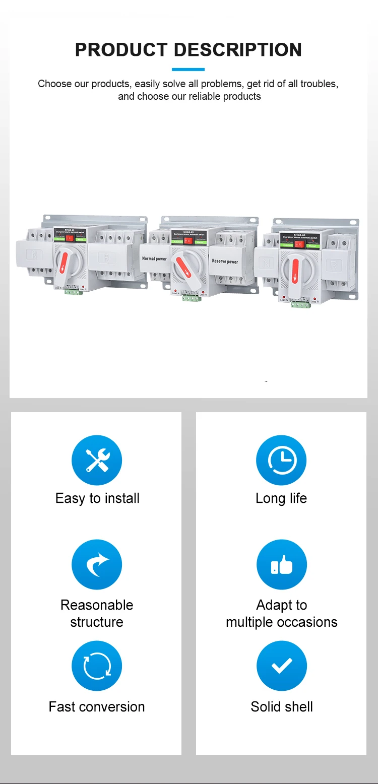 63a 100a 250a Wireless Dual Power AC DC ATS Switch for Solar