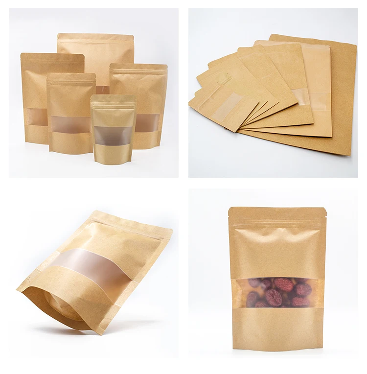Eco Friendly Biodegradable Kraft Paper Ziplock Stand up Pouch Mylar Bags for Food Storage Candy ...