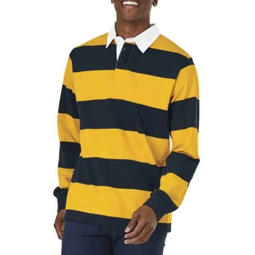 Mens Rugby Polo Shirt Long Sleeve Stripe T-shirt Pure Cotton Jersey Twill Collar Casual Shirt ...