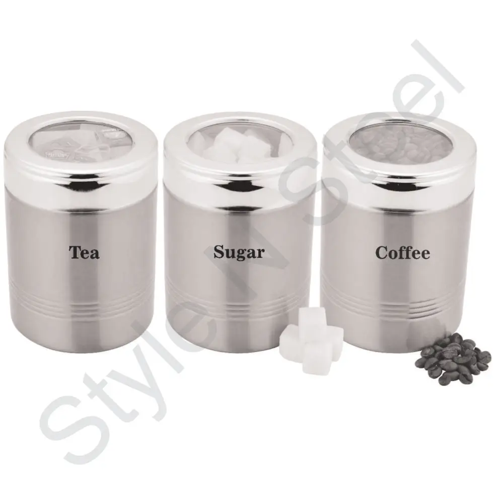 Stainless Steel See Thru Canister Set 3pcs Storage Canister Rim Metal Kitchen Food Sugar And