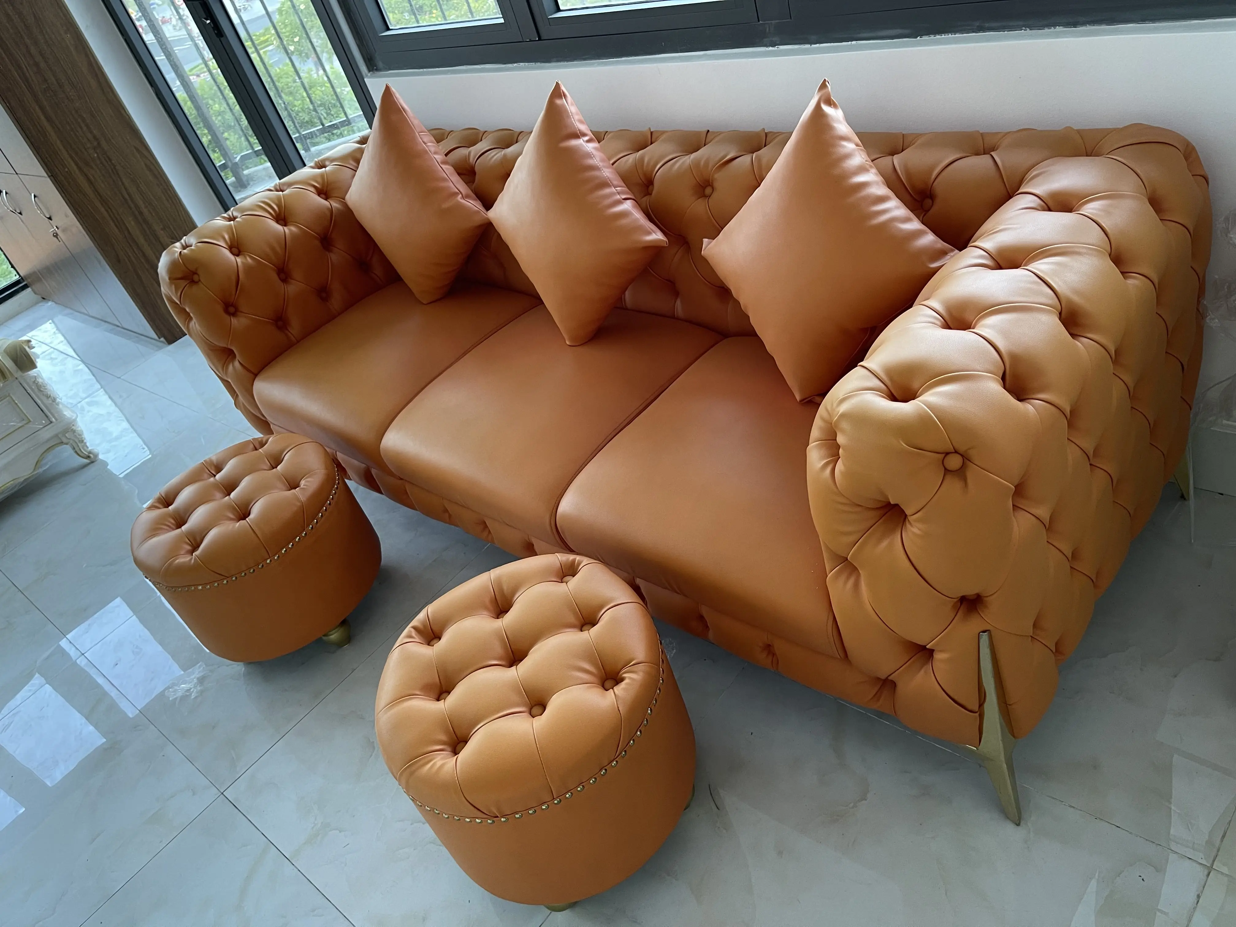 2024 Neoclassical Sofa Synthetic Leather Asian Convertible Orange ...