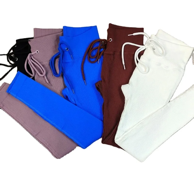 Seamless Yoga Tights Women Drawstring Ribbed Leggings Stripe Sport Yoga ...