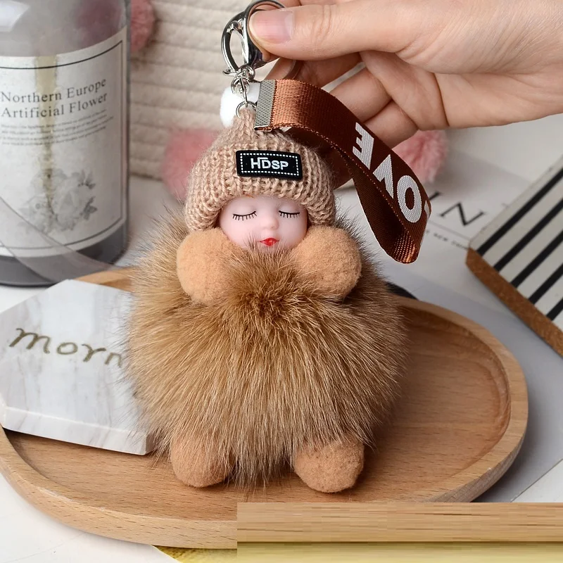 Cute Sleeping Baby Doll Keychain - Fluffy Rabbit Fur Ball