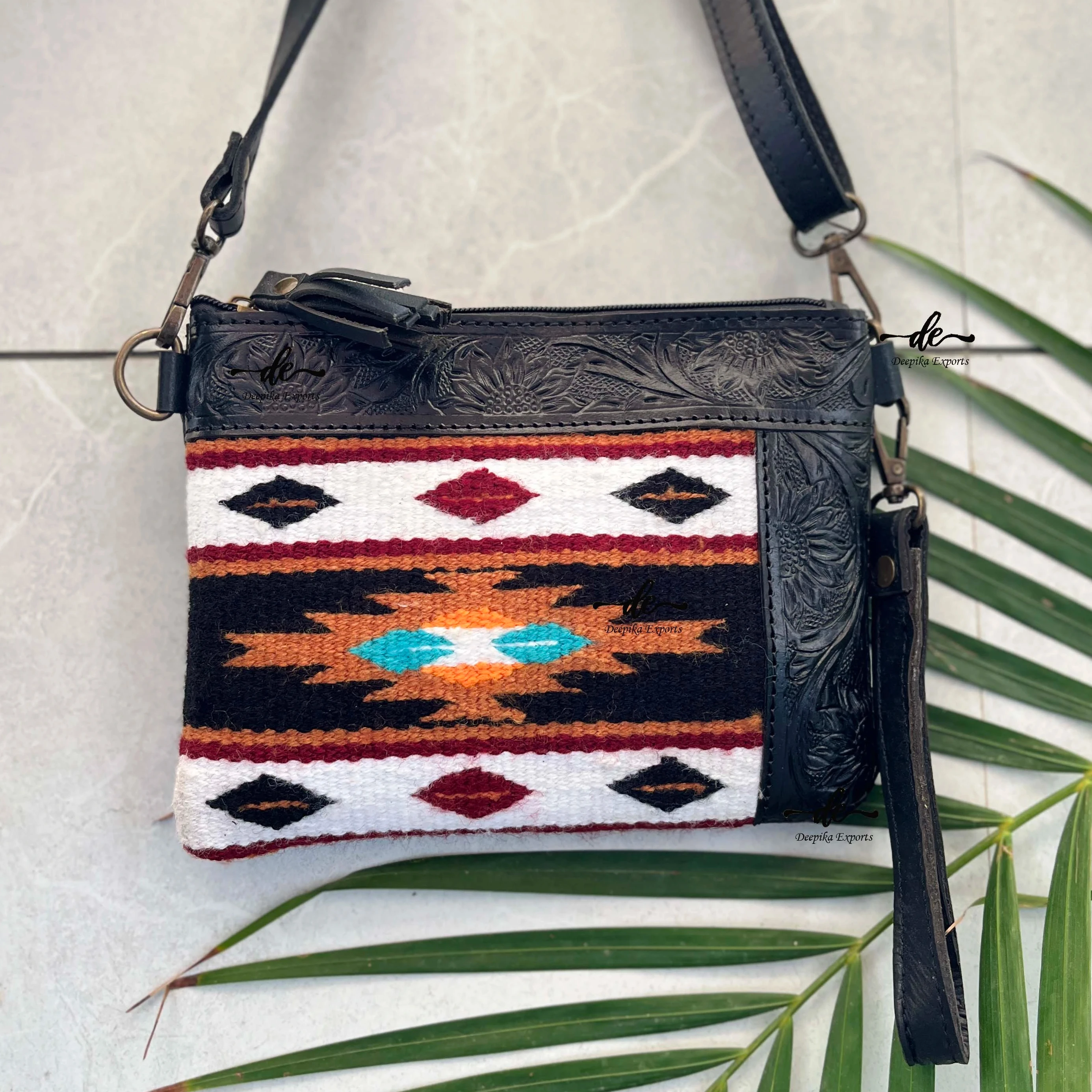Hand Tooled Carving Handbag Jacquard Black Color Sling Bohemian Aztec ...