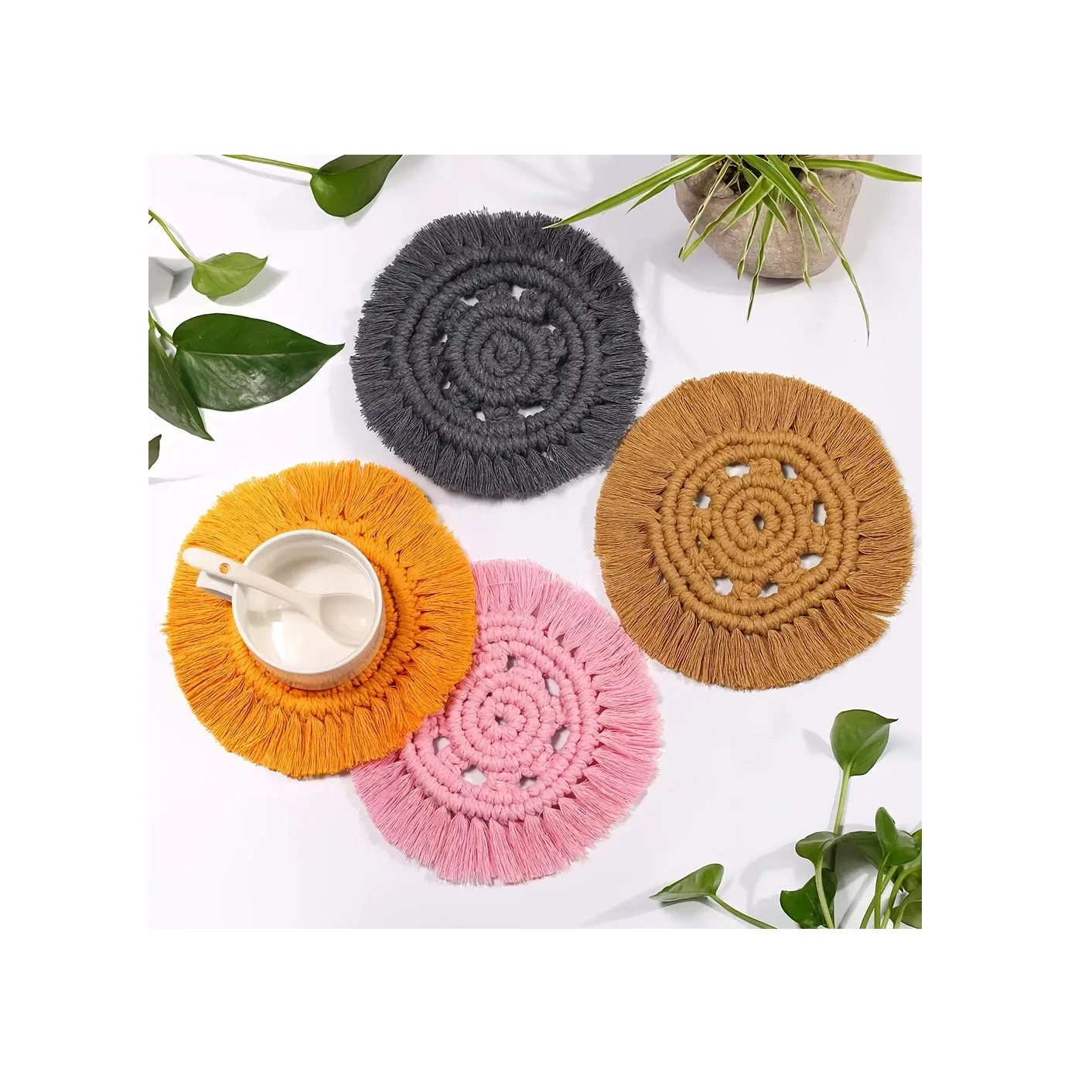Premium Theme Natural Round Macrame Placemat Braided Straw Place Mats ...