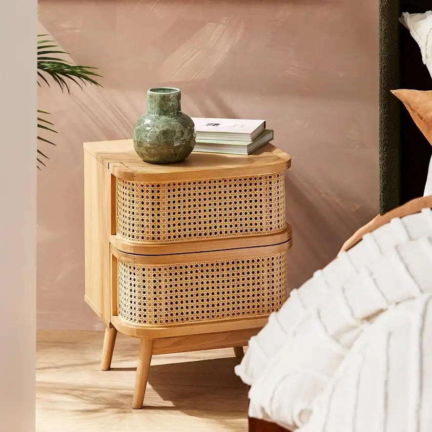 High Quality Wooden And Rattan Webbing Nightstand And Bedside Table ...