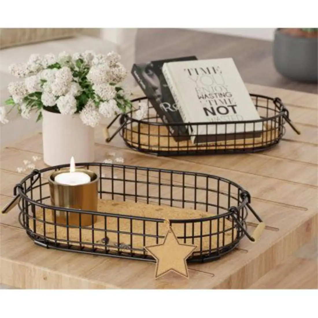 Collectable Desktop Baskets Set with Wood Base And Metal Large Square ...