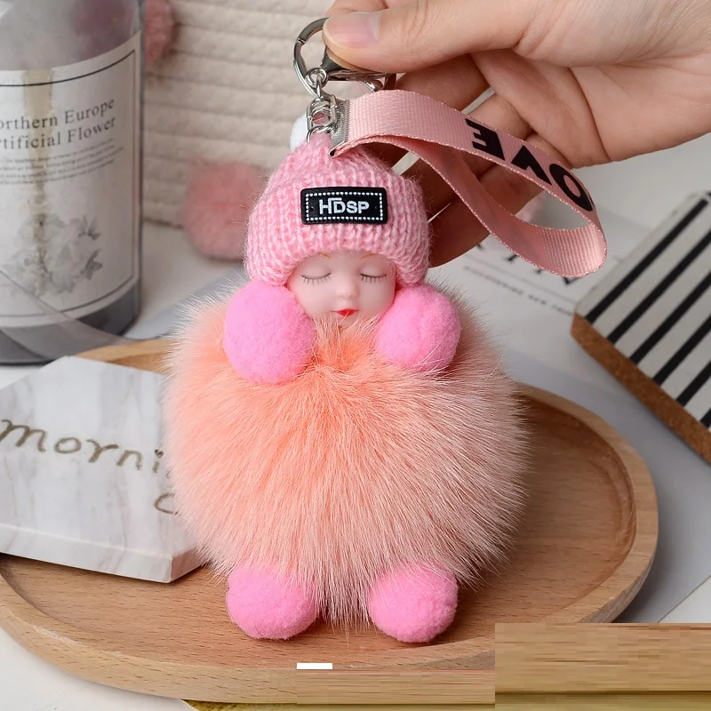 Cute Sleeping Baby Doll Keychain - Fluffy Rabbit Fur Ball