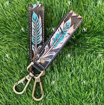 Hand Carved Tooled Leather Key Chains Embossed Floral Print Leather Key ...
