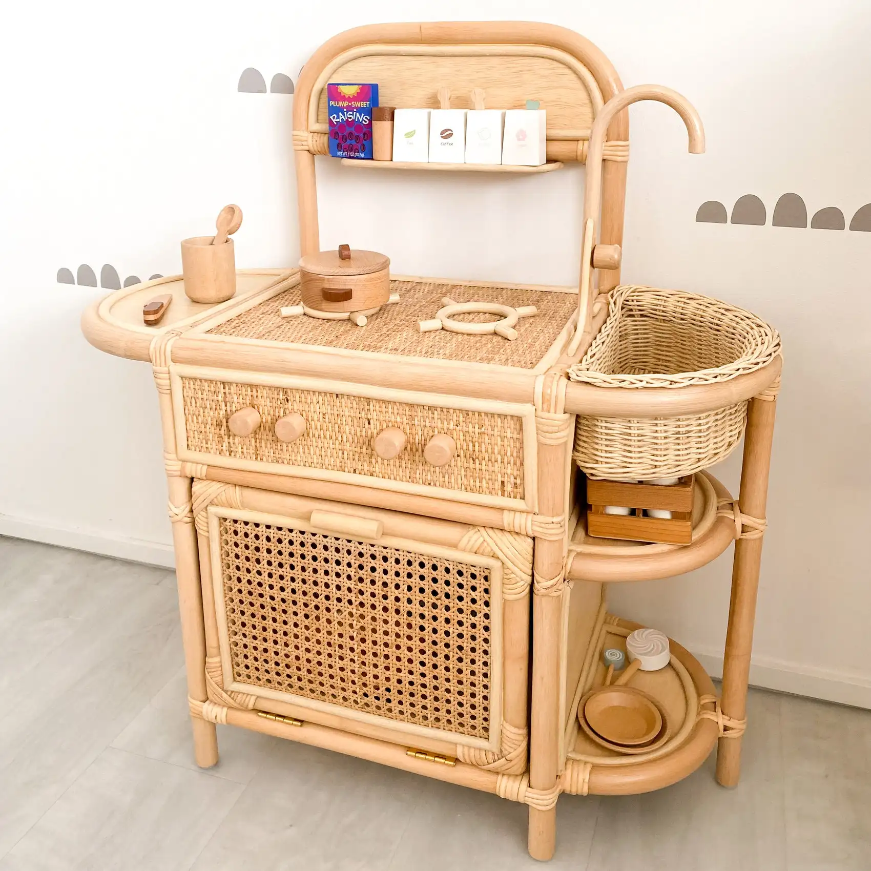 Rattan Kids Toy Kitchen Stove - Eco Friendly Mini Cookset