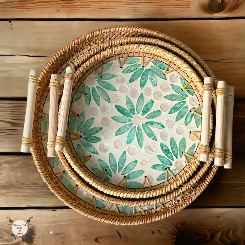 Wholesale Handicraft Round Shell Inlay Rattan serving trays with ...