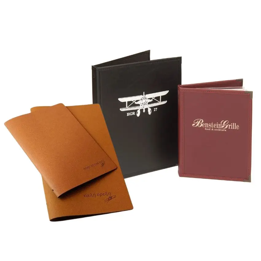 Custom Logo Gold Foil Printed Premium Faux Leather Menu Book Cover