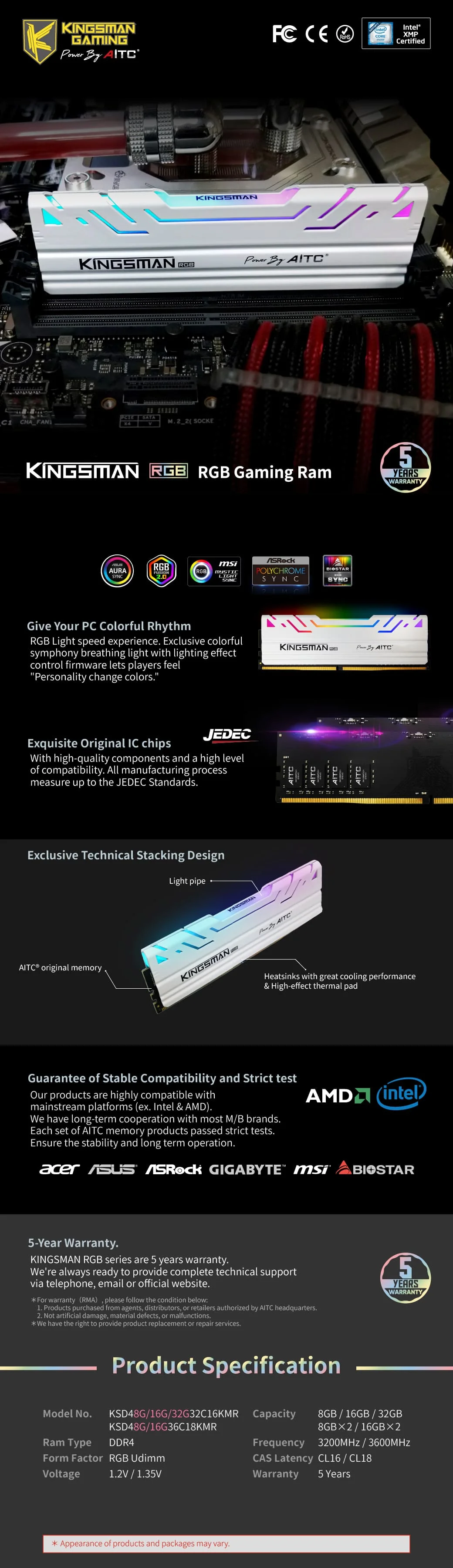 AITC RGB Desktop Ram DDR4 3200mhz 16GB for Gaming PC