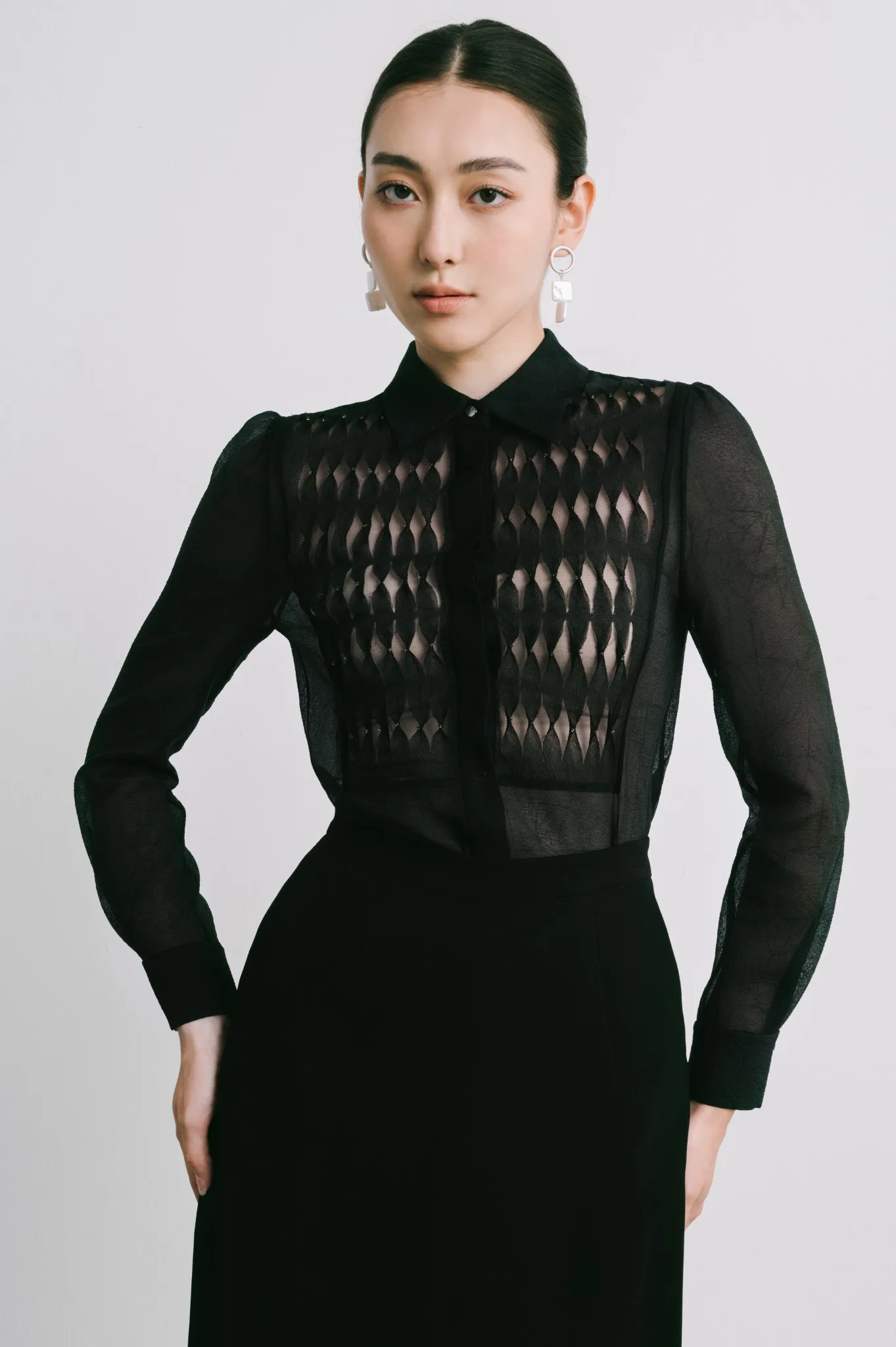 Elegant Sheer Triacetate Pointed Shirt For Women Long Sleeved, Loose ...