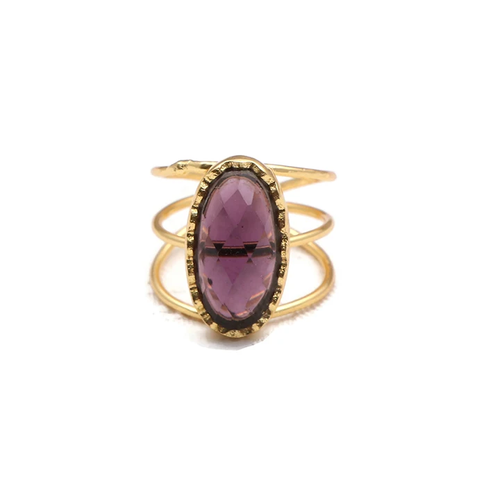 Purple Amethyst Gemstone Ring Gold Plated Oval Prong Set Gemstone Ring Handmade Adjustable Ring ...