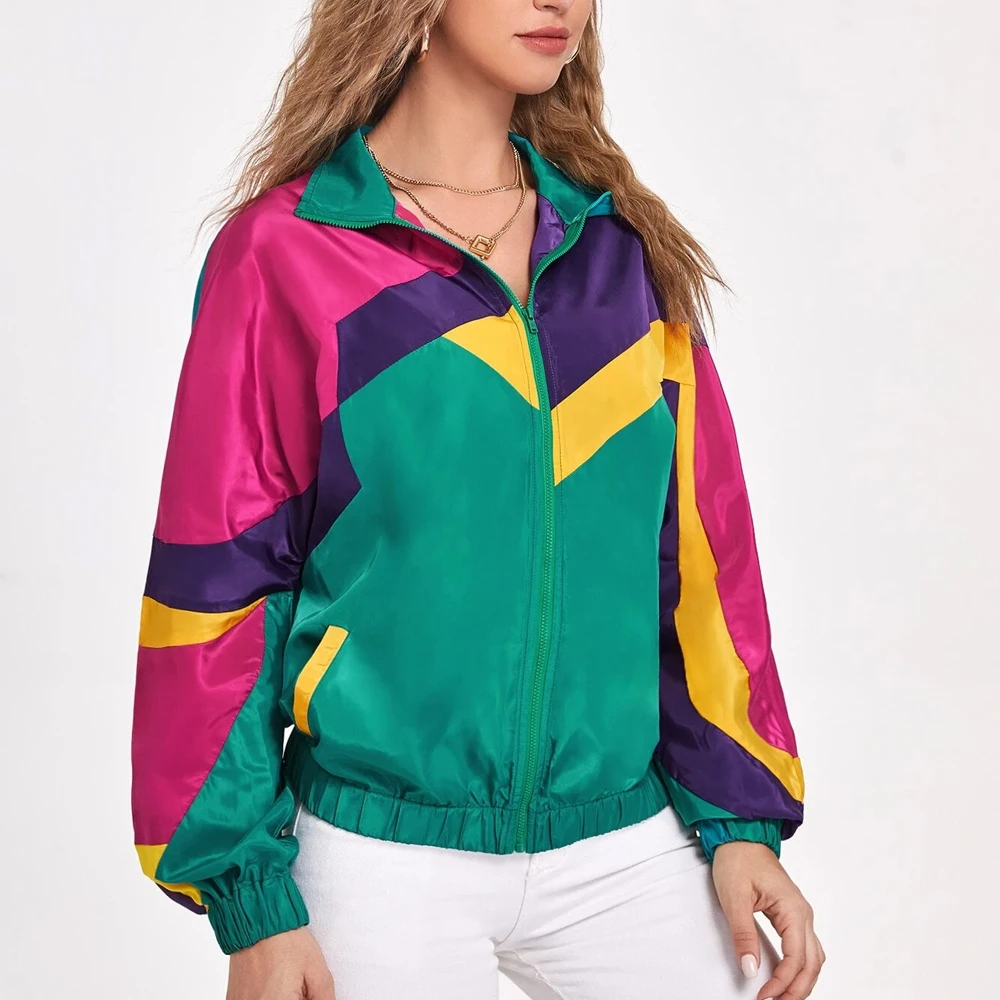 Autumn Color Block Drawstring Windbreaker Jacket for Women Custom Full ...