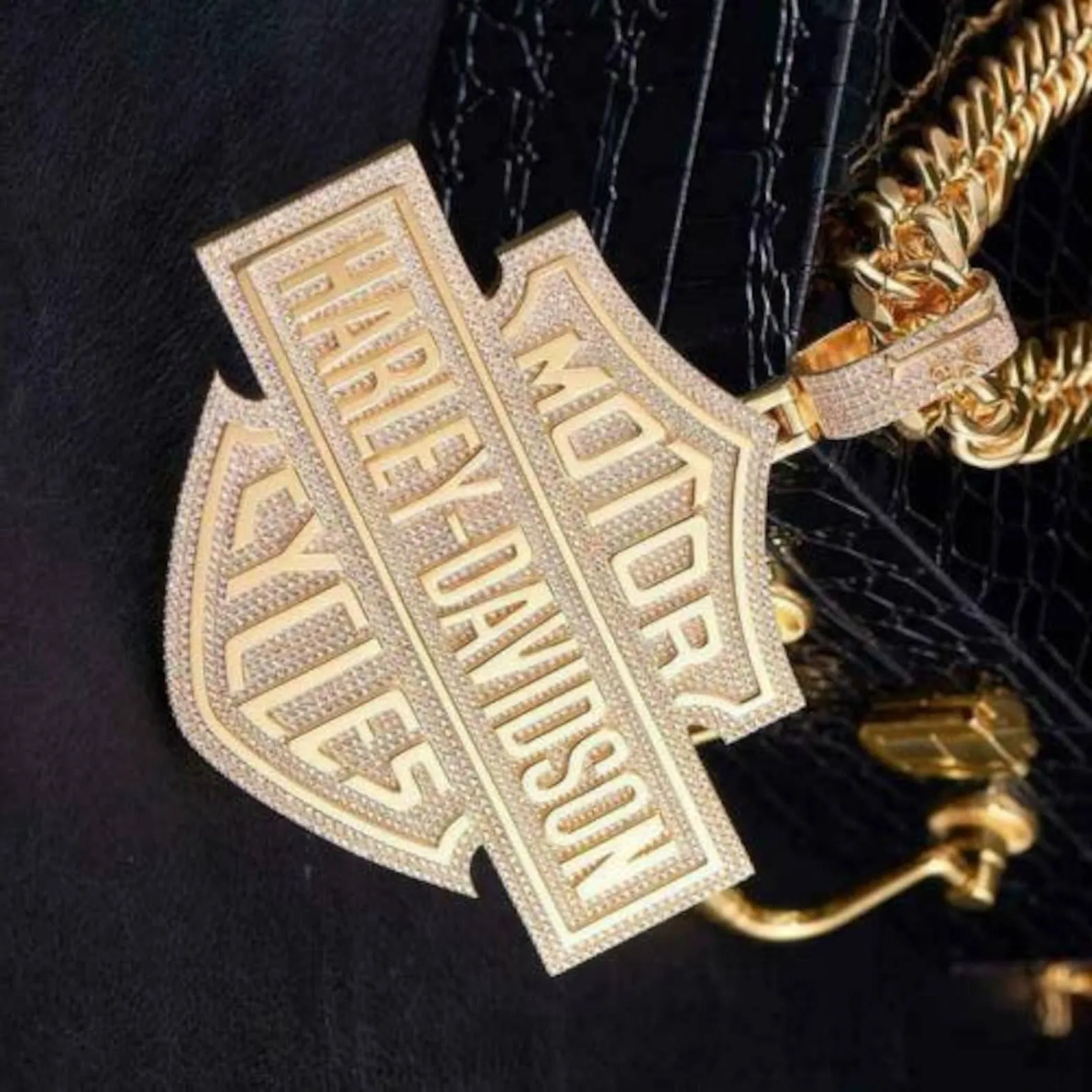 Diamond Harley Motor Davidson Logo Letter Pendant Iced Out Yellow Gold ...